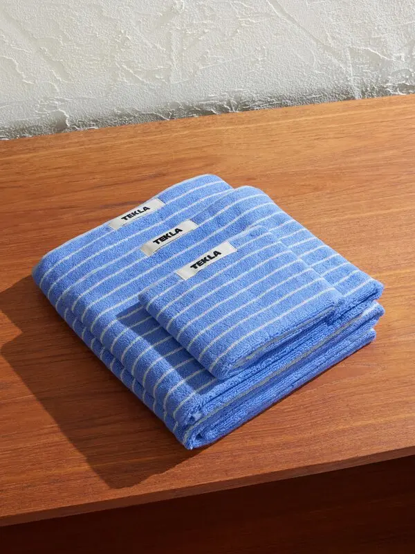 TEKLA Set Of Three Logo-appliquéd Striped Organic Cotton Towels - Blue
