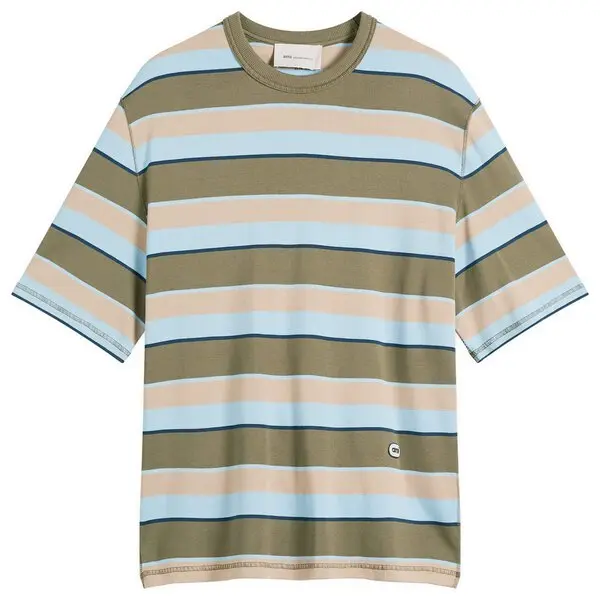 Ami Short Sleeve Oversized Striped T-shirt - Bleucach/kaki/taupe/encre