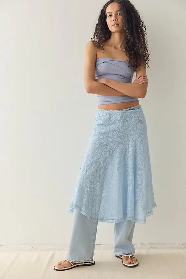 Free People Intimately Sheer Lace Midi Slip Skirt - Blue Finch