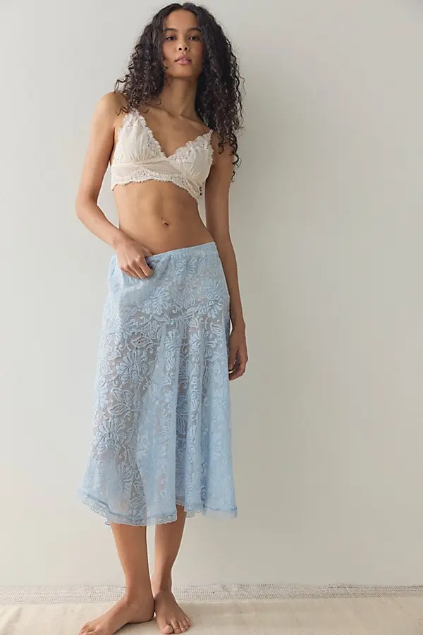 Free People Sheer Lace Midi Slip Skirt With Handkerchief Hem - Blue Finch