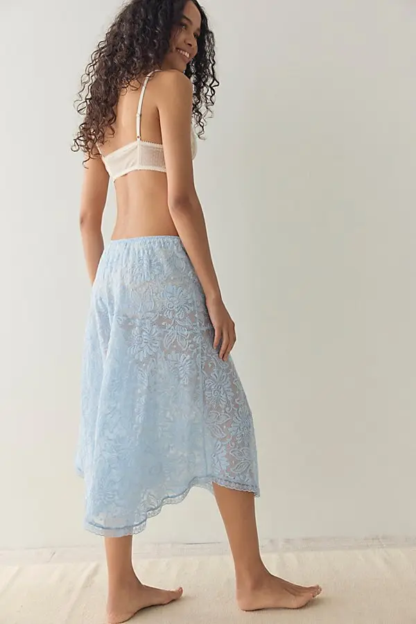 Free People Sheer Lace Midi Slip Skirt With Handkerchief Hem - Blue Finch