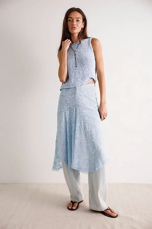 Free People Sheer Lace Midi Slip Skirt With Handkerchief Hem - Blue Finch