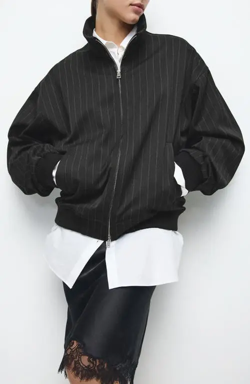 Mango Pinstripe Bomber Jacket - Black