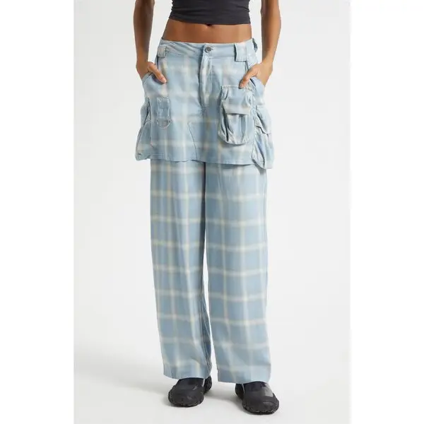 Collina Strada Cargo Skirt Overlay Wide Leg Pants - Ocean Plaid
