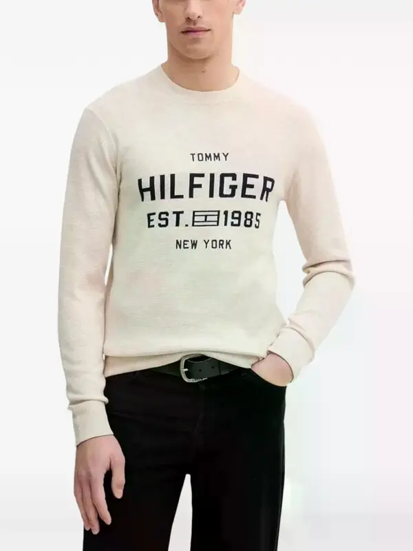 Tommy Hilfiger Knitted Cotton Sweater With Logo Detail - Neutrals