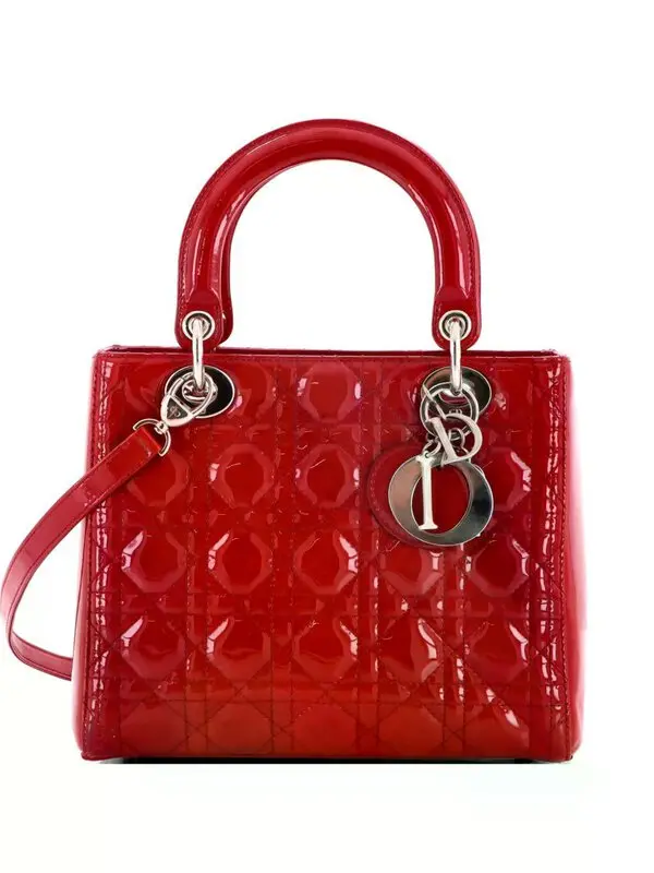Dior Lady Medium Satchel Cannage Quilt Patent - Red