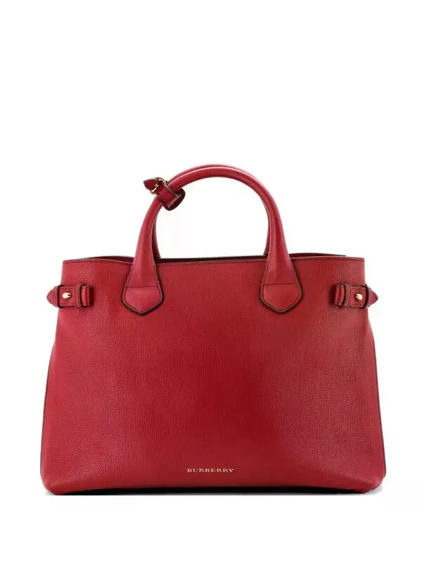 Burberry Banner Tote Leather And House Check Canvas Medium Satchel - Red
