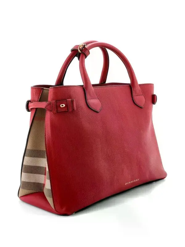 Burberry Banner Tote Leather And House Check Canvas Medium Satchel - Red