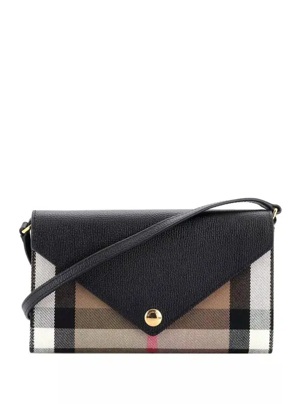 Burberry Hannah Envelope Wallet On Strap Leather And House Check Canvas Crossbody Bag - Black