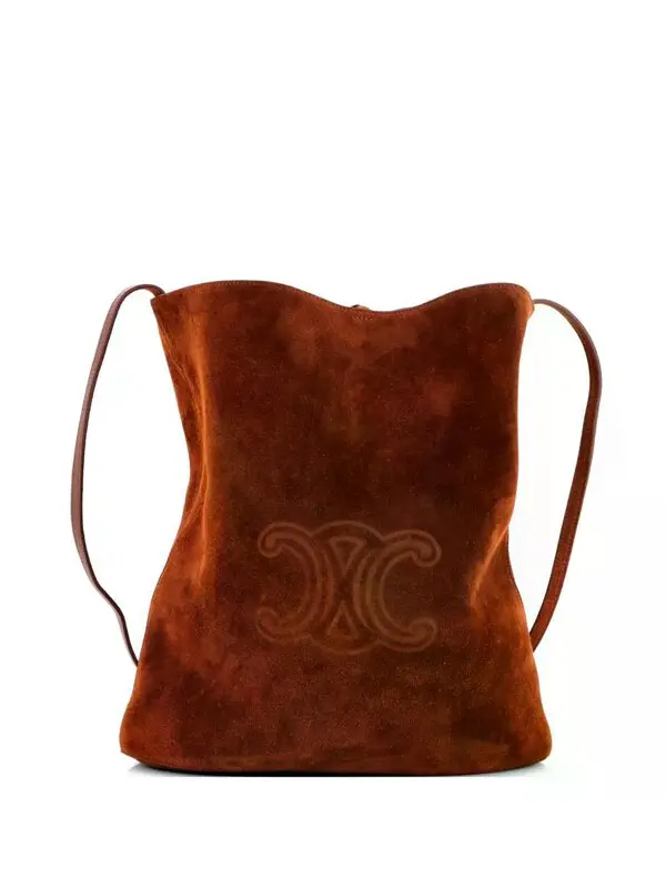Celine Triomphe Embossed Suede Bucket Bag - Brown