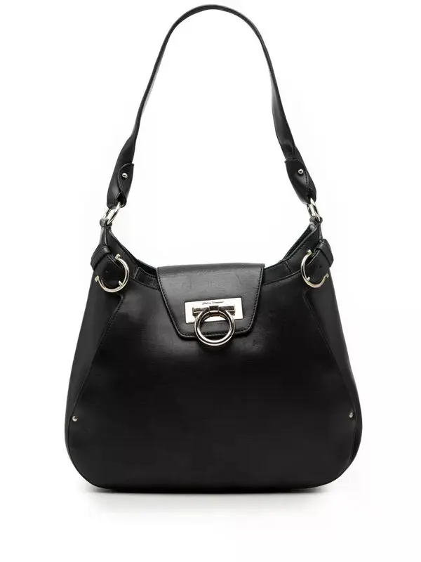 FERRAGAMO Leather Gancini Shoulder Bag - Black