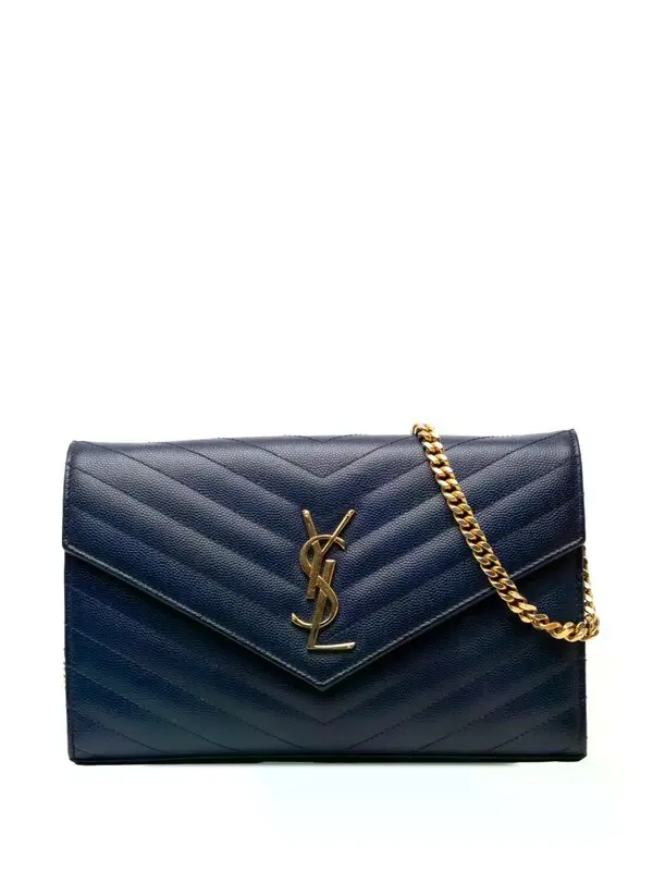 Saint Laurent 2014 Grain De Poudre Chevron Monogram Envelope Chain Wallet - Blue