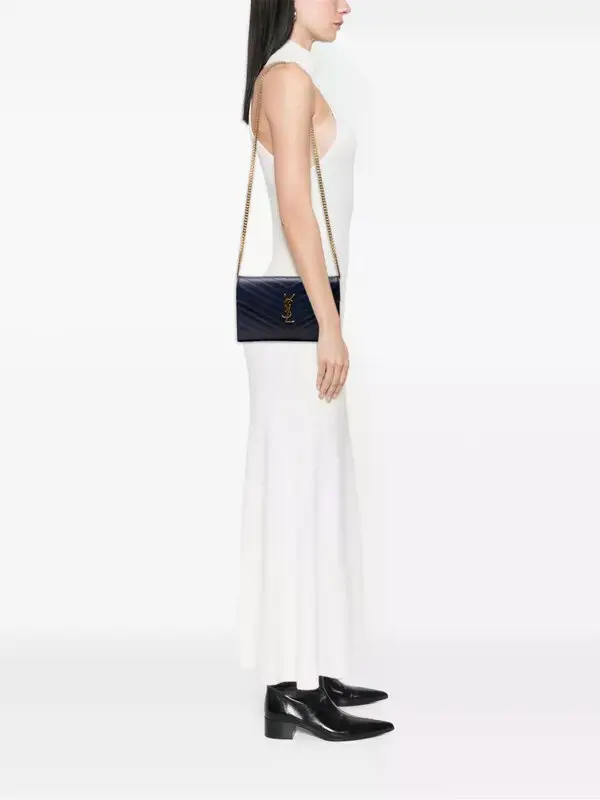 Saint Laurent 2014 Grain De Poudre Chevron Monogram Envelope Chain Wallet - Blue