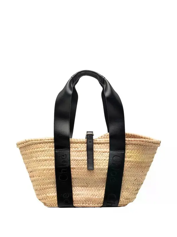 Chloé 2023 Medium Raffia And Smooth Calfskin Sense Basket Tote Bag - Neutrals
