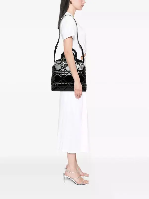 Dior 2010 Medium Patent Cannage Polochon Granville Satchel - Black