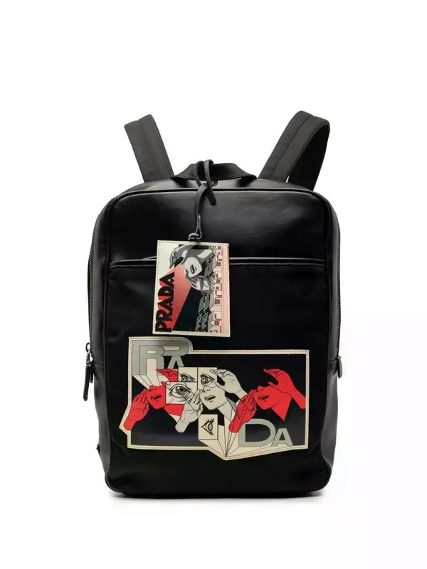 Prada Leather And Tessuto Comic Print Backpack - Black