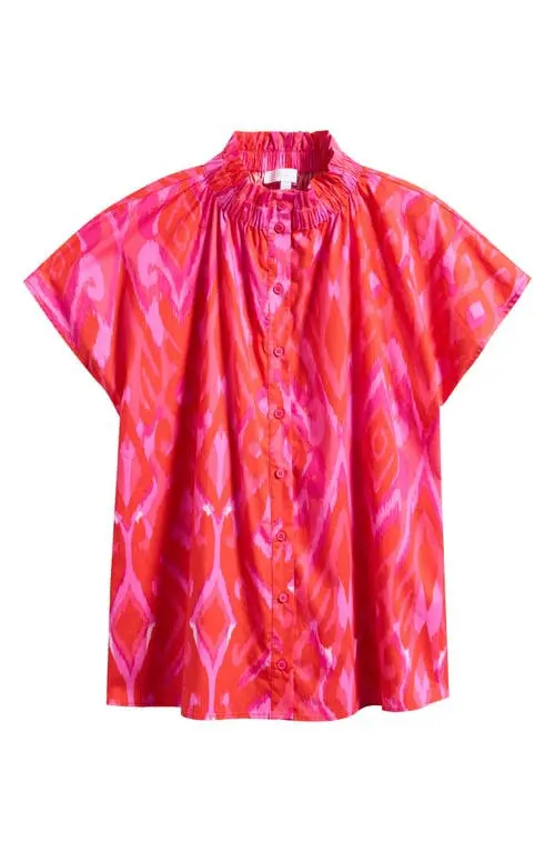SUGARLIPS Blevin Ikat Patma Button-up Mock Neck Top - Red-pink-combo