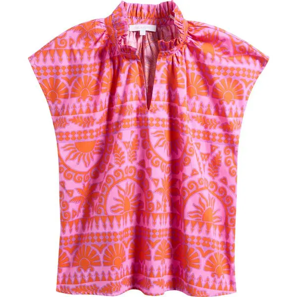 SUGARLIPS Ikat Ruffle Trim Top - Pink-orange