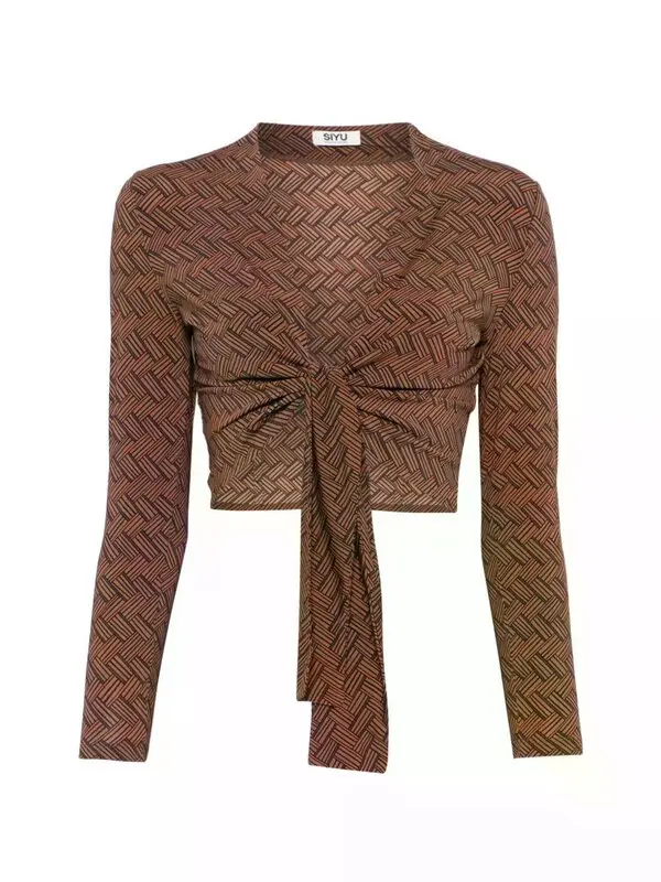 SIYU Geometric-pattern Tie-front Blouse - Brown