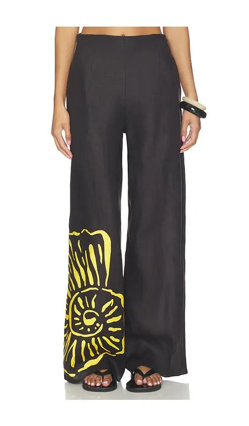 CALA DE LA CRUZ Wide Leg Linen Trousers With Graphic Print - Black