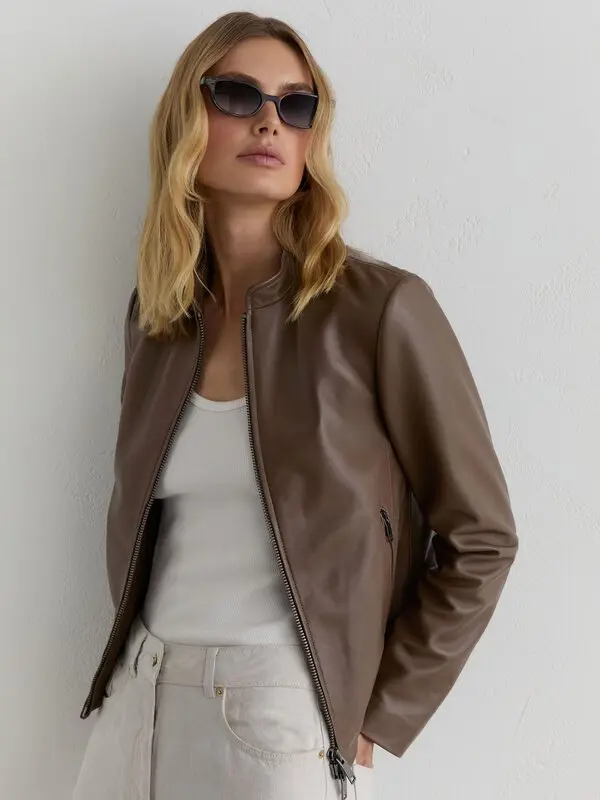 REISS Allie Petite Leather Biker Jacket - Taupe Neutral