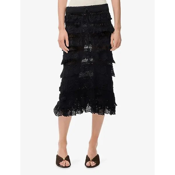 Loewe X Paula's Ibiza Ruffled Crochet Cotton Midi Skirt - Black
