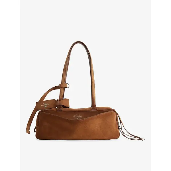 Balenciaga Carrie Small Suede Bowling Bag - Camel