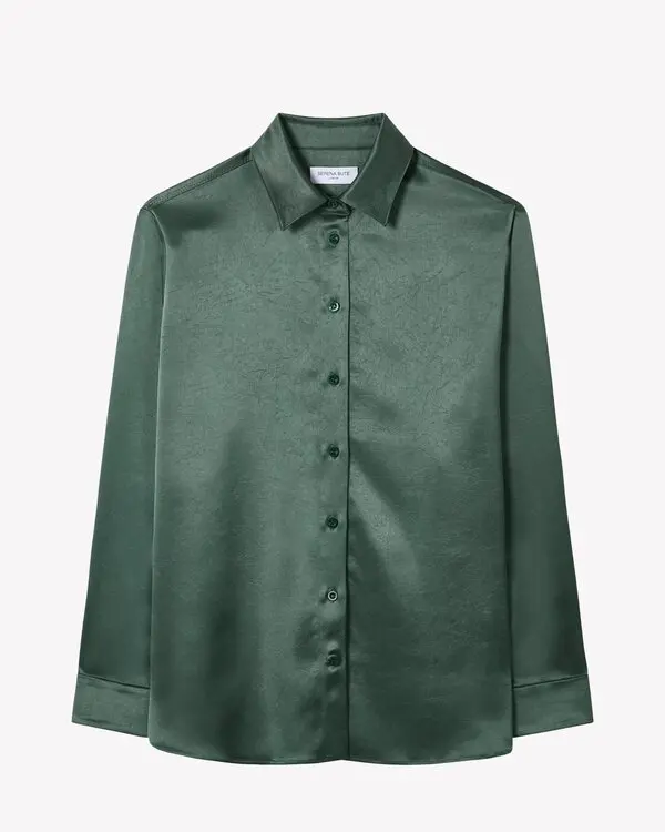 Serena Bute Satin Boyfriend Shirt - Dark Green