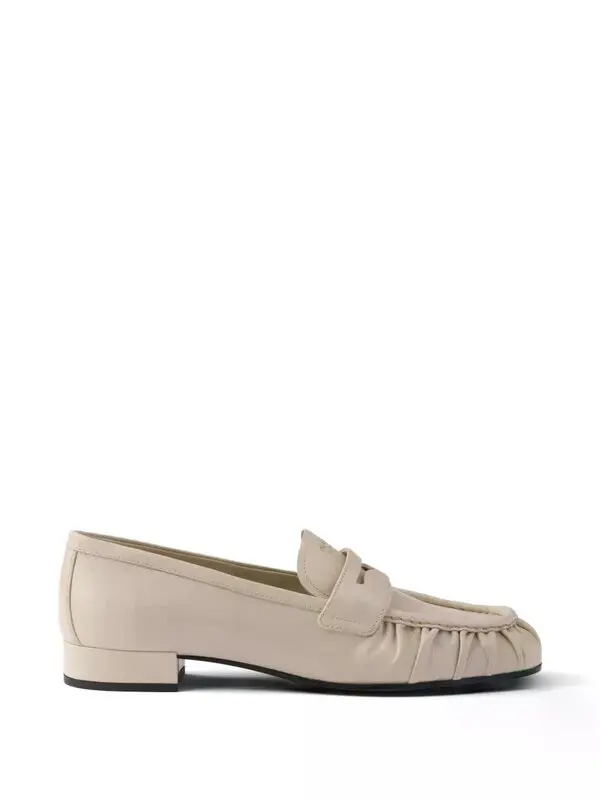 Prada Gathered Leather Loafers With Logo Detail - Neutrals