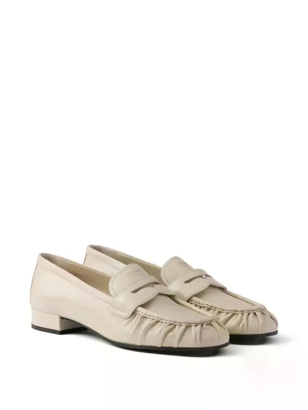 Prada Gathered Leather Loafers With Logo Detail - Neutrals
