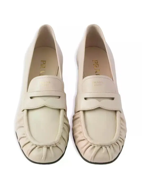 Prada Gathered Leather Loafers With Logo Detail - Neutrals