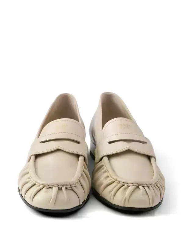 Prada Gathered Leather Loafers With Logo Detail - Neutrals
