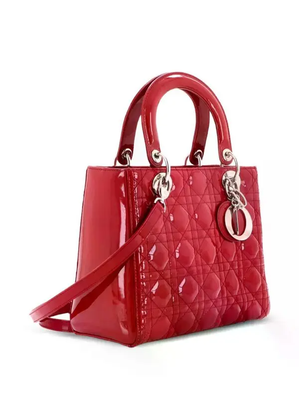 Dior Lady Medium Satchel Cannage Quilt Patent - Red