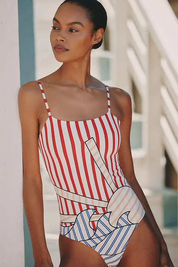 Farm Rio Striped One-piece Swimsuit - Navy Stripes Off-white
