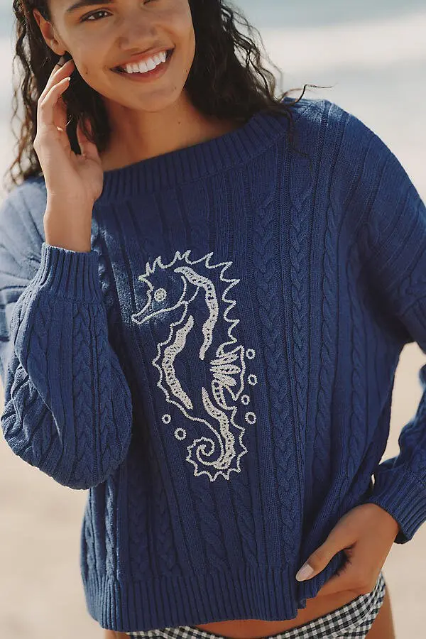 CELANDINE Boatneck Embroidered Pullover - Seahorse