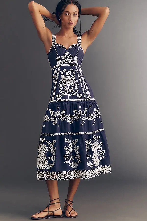 Farm Rio Embroidered Midi Dress - Blue