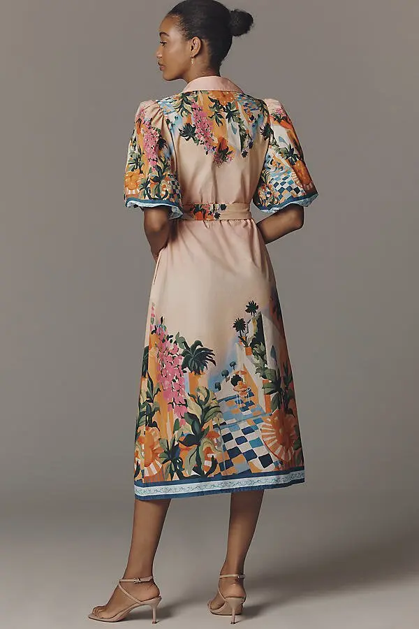 CELINA MOON Janeli Collared Printed Midi Dress - Peach