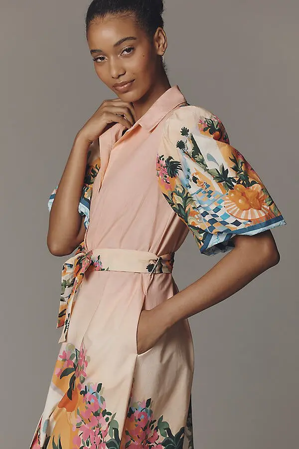 CELINA MOON Janeli Collared Printed Midi Dress - Peach