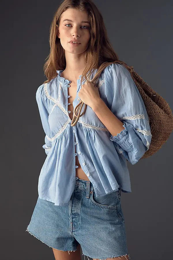 Anthropologie Embroidered High-neck Blouse - Blue