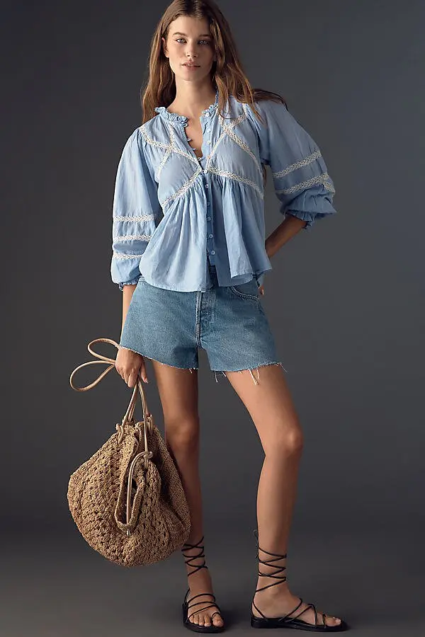 Anthropologie Embroidered High-neck Blouse