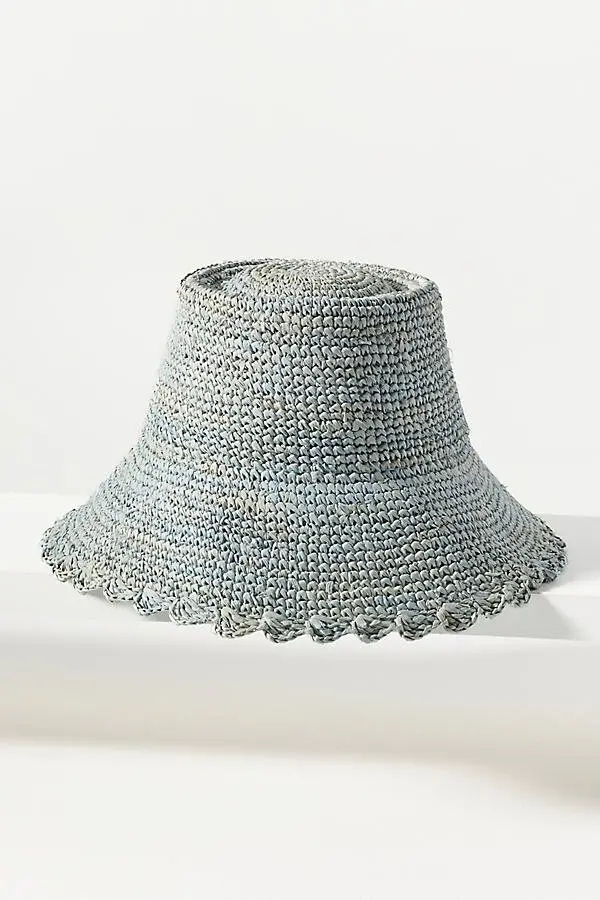 WYETH Scalloped Straw Bucket Hat - Light Blue