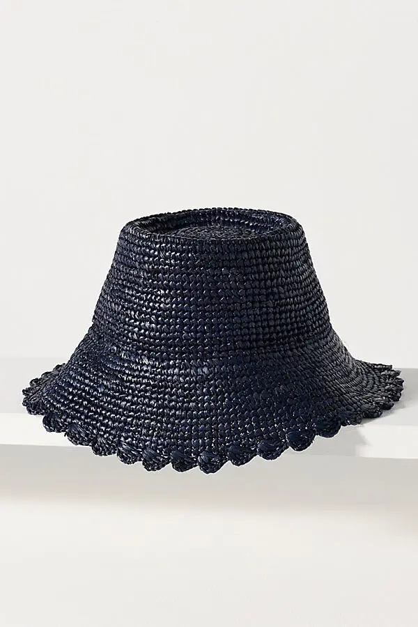 WYETH Scalloped Straw Bucket Hat - Navy