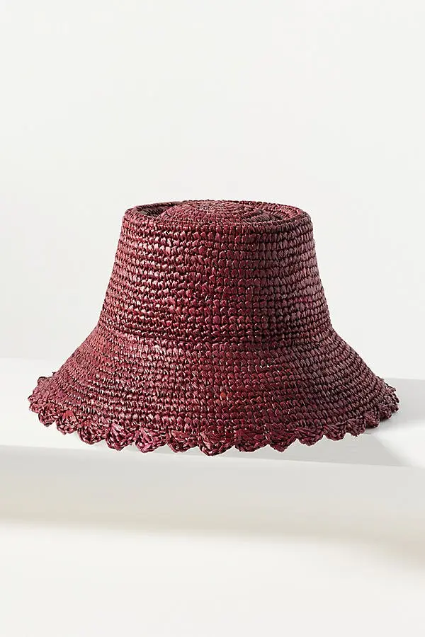 WYETH Scalloped Straw Bucket Hat - Wine