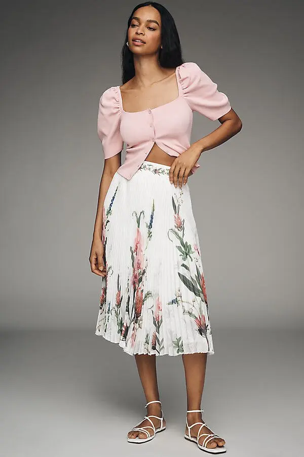 RANNA GILL Floral Printed Pleated Midi Skirt - White Floral