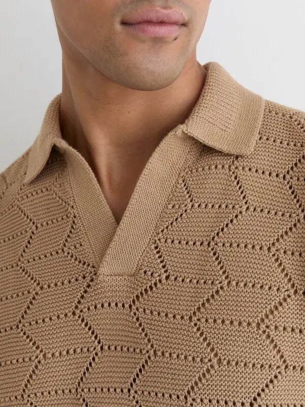 REISS Belford Pointelle-knit Open-collar Polo Jumper
