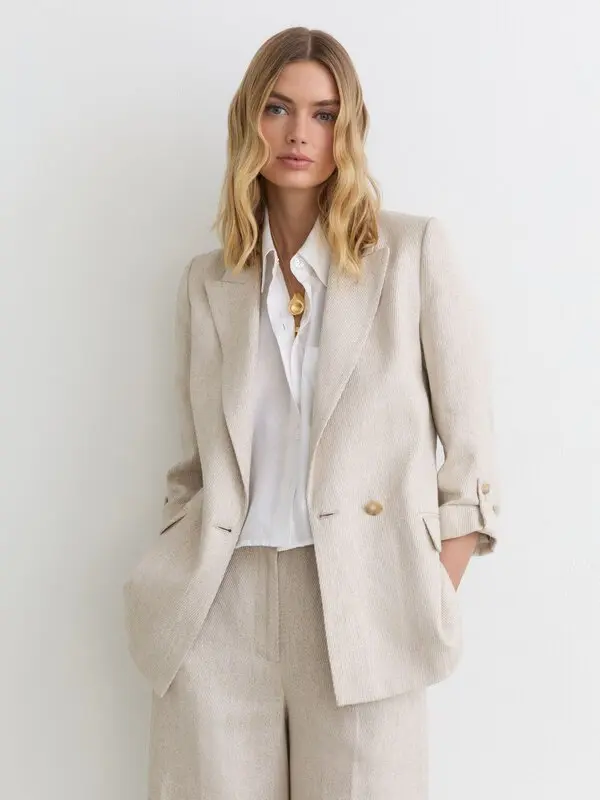 REISS Linen-blend Textured Double-breasted Blazer