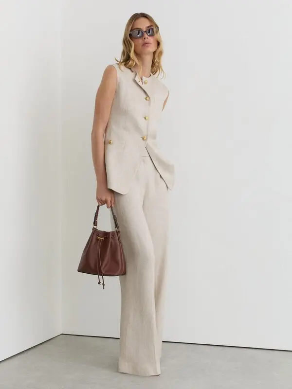 REISS Nolah Linen-blend Textured Long-line Waistcoat - Neutral