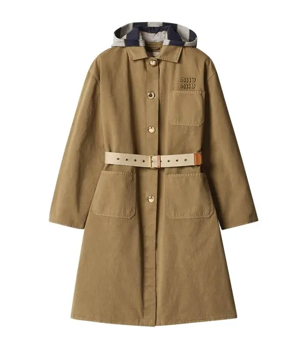 Miu Miu Gabardine Hooded Trench Coat - Neutral