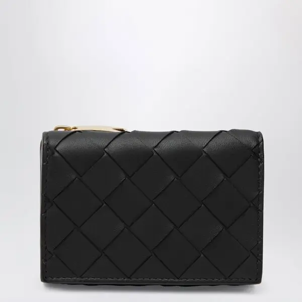 Bottega Veneta Gold Intrecciato Tri-fold Wallet - Black