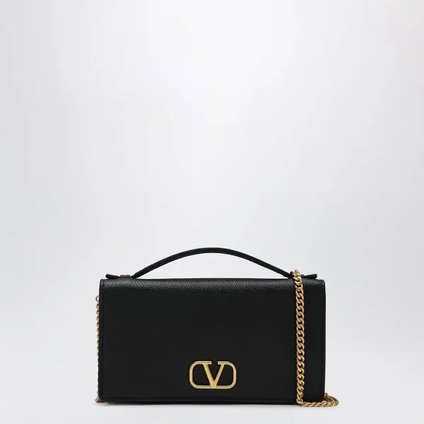 Valentino Garavani V Logo Wallet With Chain In Calf Leather - Black